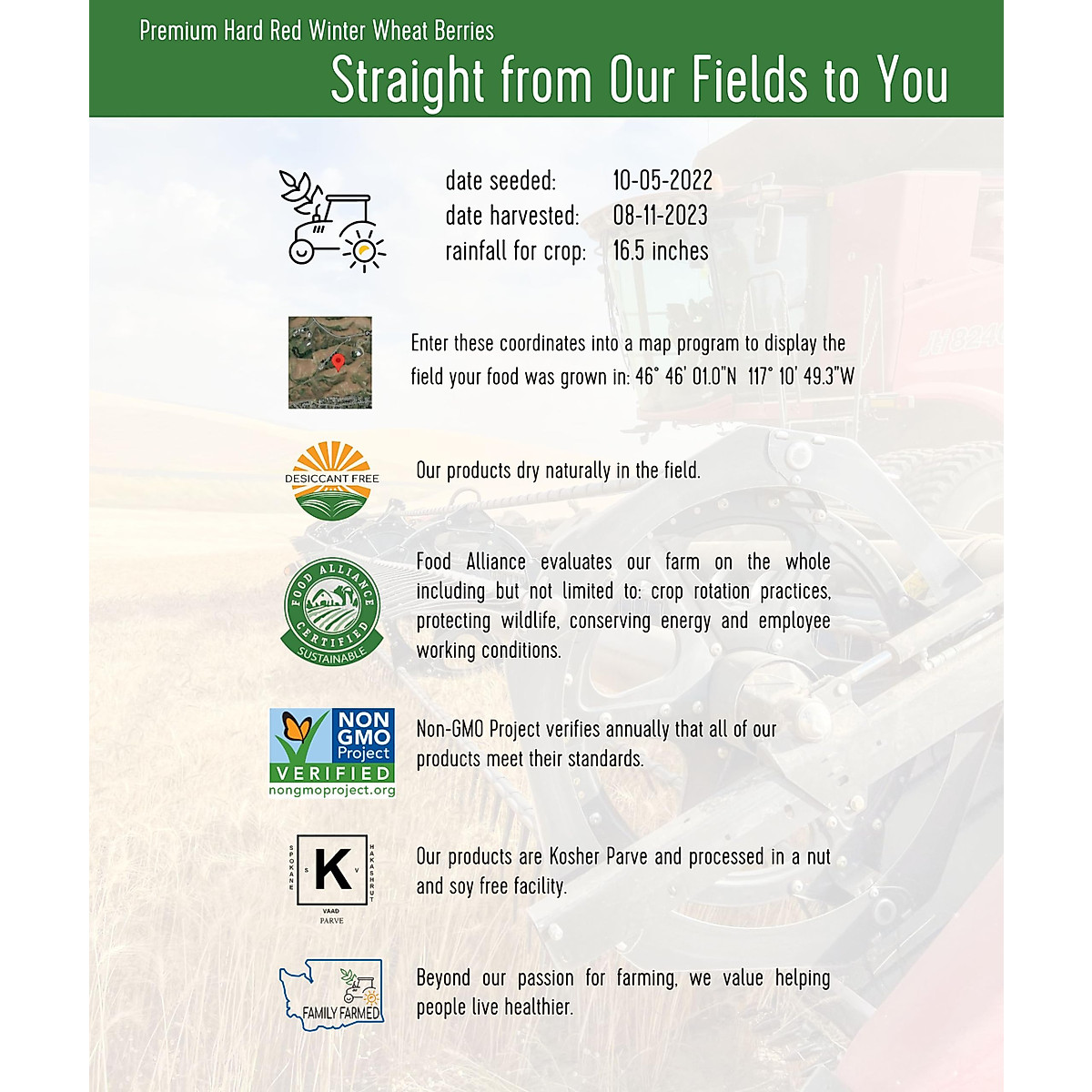 Hard Red Winter Wheat Berries | 5 LBS | Family Farmed in Washington State | Non-GMO Project Verified | 100% Non-Irradiated | Certified Kosher Parve | Field Traced | Burlap Bag