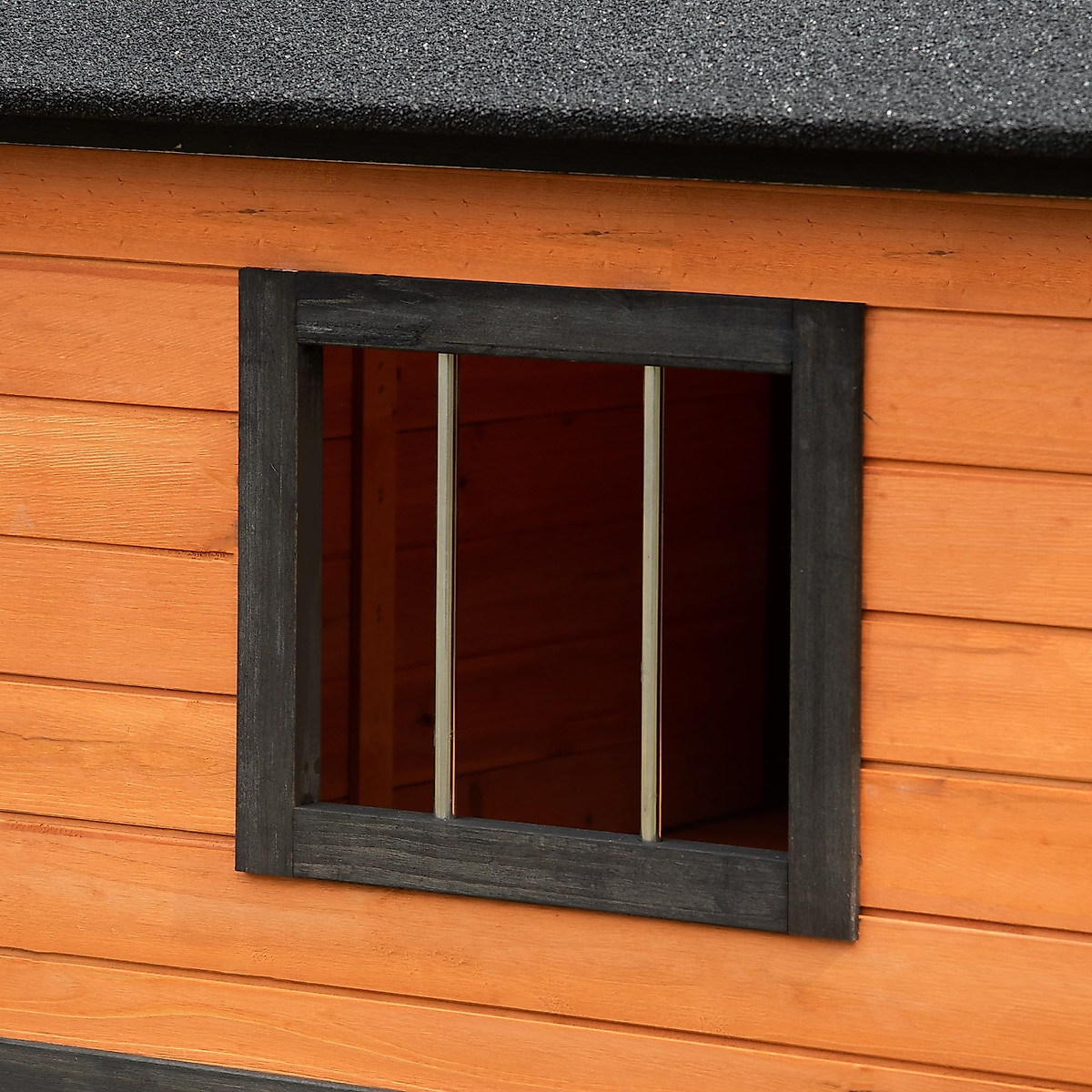 PawHut Wooden Dog House with Porch, Outside Dog House with Water-Resistant Asphalt Roof, Ladders, Fencing, Window, for Small and Medium Dogs, Natural