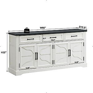 JXQTLINGMU 66" Large Buffet Sideboard Cabinet with 4 Doors and 3 Drawers, Buffet Table Coffee Bar Wine Bar Storage Cabinet for Dining Room, Living Room (Off White)