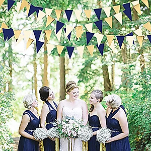 30 Ft Navy Blue Beige Gold Party Decorations Hanging Paper Triangle Flag Pennant Banner Bunting Garland for Bachelorette Engagement Wedding Birthday Baby Bridal Shower Anniversary Hen Party Supplies
