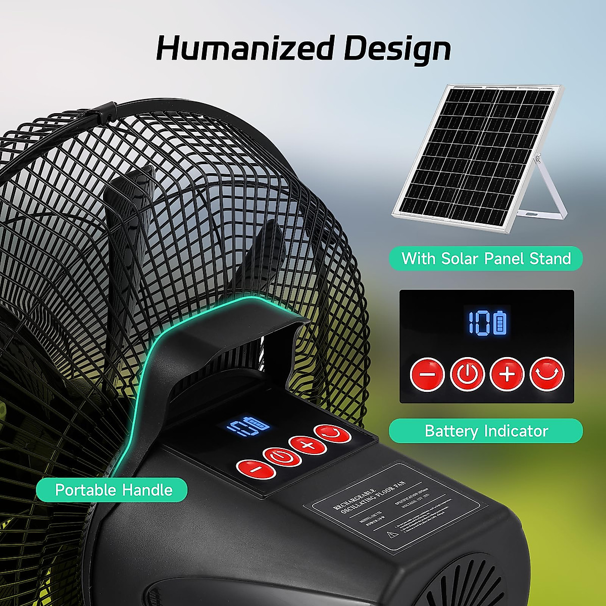 Mxmoonfree Solar Rechargeable Floor Fan, 12'' Battery Powered Floor Fan, 90° Oscillation, with 20W Solar Panel, 8000mAh Battery, Fast Charging for Outdoor Picnics, Camping, Stalls and Exhibitions