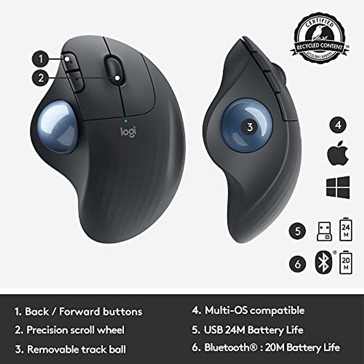 Logitech ERGO M575 Wireless Trackball Mouse - Easy thumb control, precision and smooth tracking, ergonomic comfort design, for Windows, PC and Mac with Bluetooth and USB capabilities - Graphite