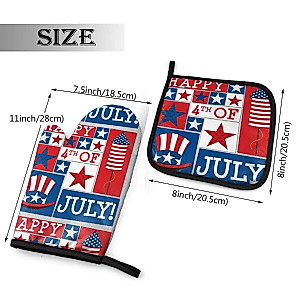 Patriotic 4th of July Oven Mitt Set Pot Holder Heat Resistant Hot Kitchen Insulated Glove for Microwave Cooking BBQ Baking Grilling Washable