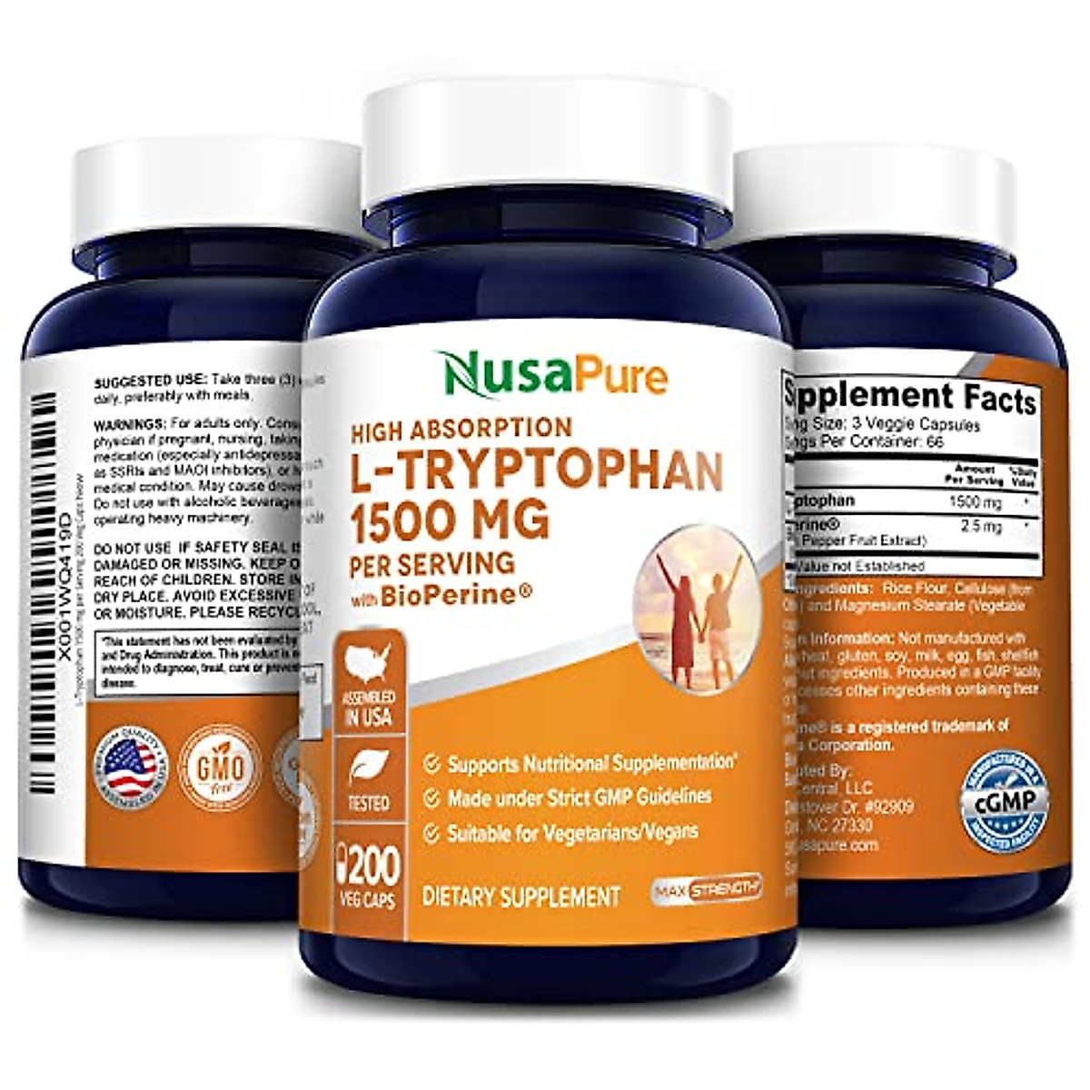 NusaPure L-Tryptophan 1500mg 200 Vegetarian Caps (Non-GMO, Vegan) Bioperine