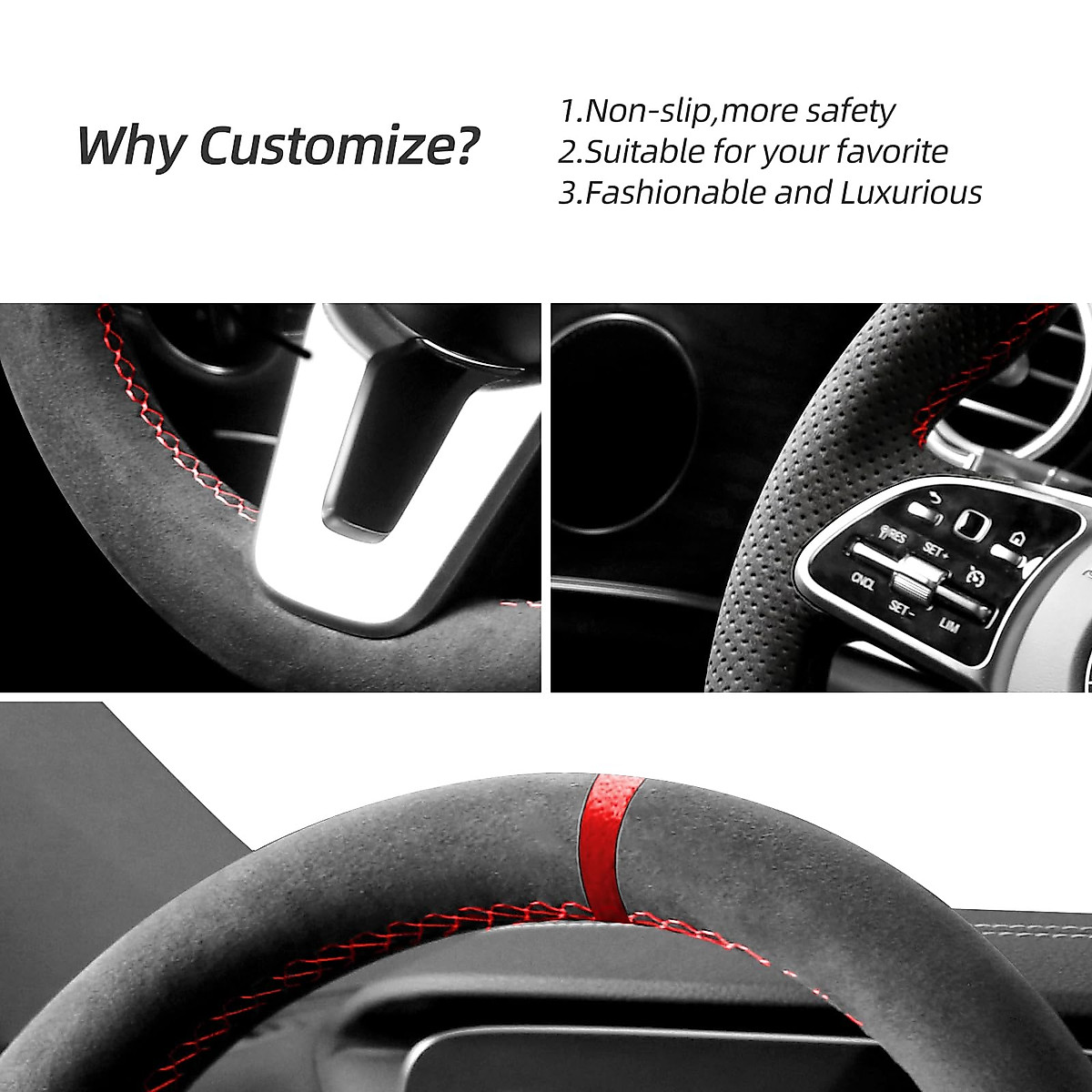 Alfanxi Hand Stitch Sewing Italy Alcantara Car Steering Wheel Cover Wrap for Mercedes-Benz CLA /GLA/GLB /GLC/GLE /GLS (Black Alcantara with Dot+Red Stripe)