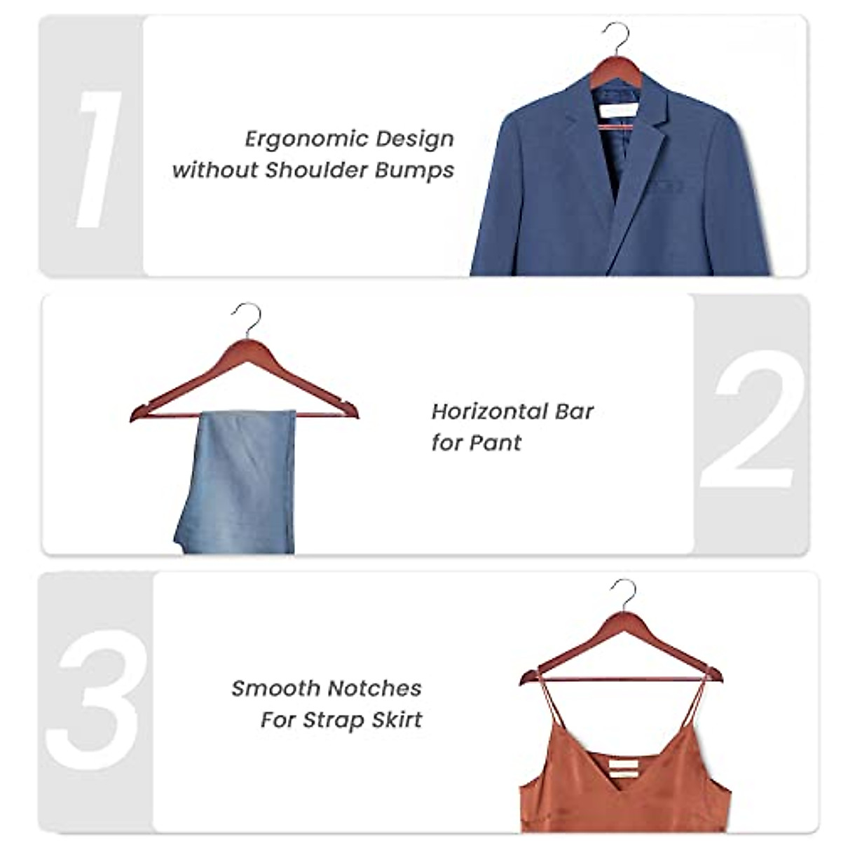 Nature Smile Wooden Suit Hangers 30 Pack Solid Wood Coat Clothes Hangers with Non Slip Bar and 360° Swivel Hook(Cherry Color)…