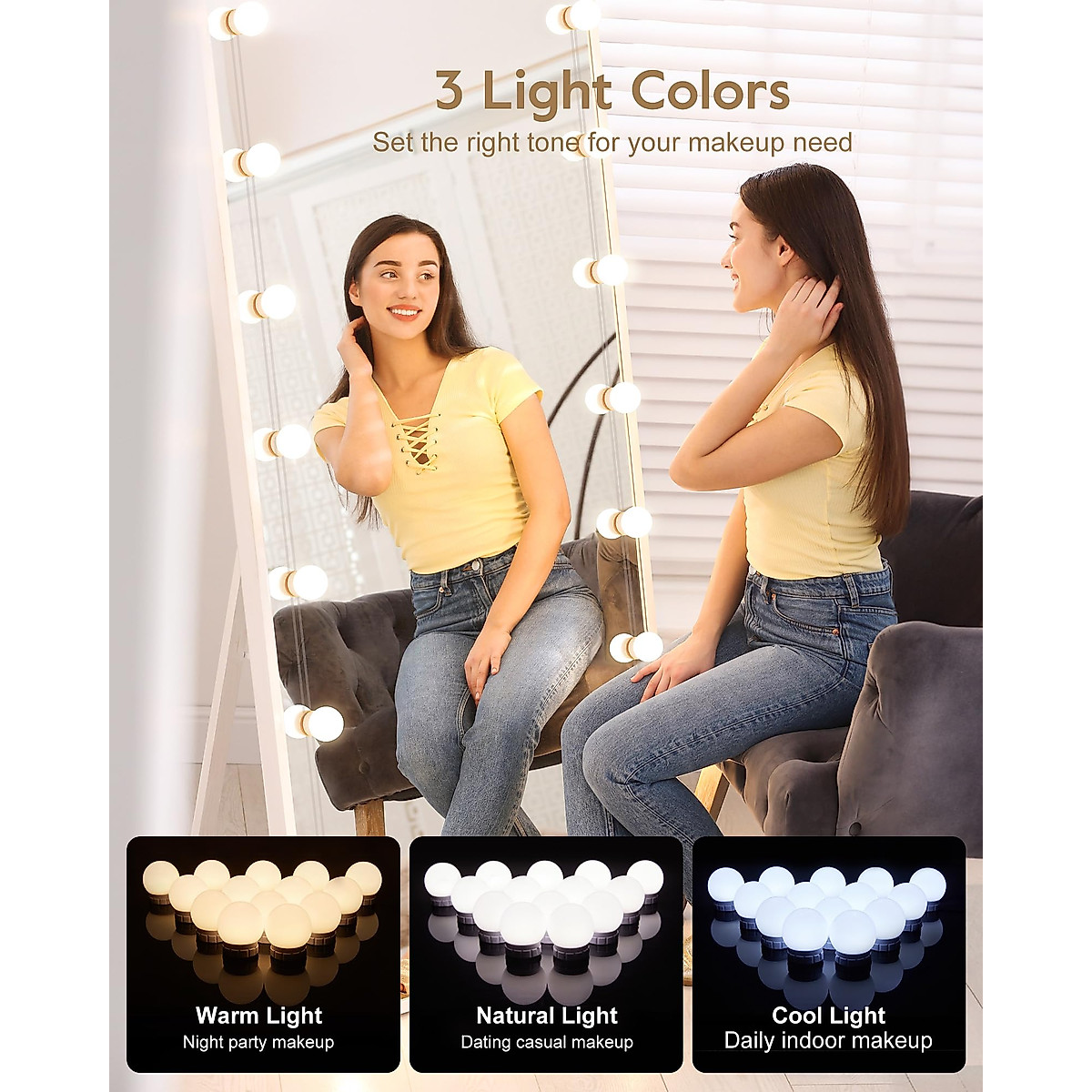 Brightown Hollywood Led Vanity Lights Strip Kit, with 14 Dimmable Light Bulbs for Full Body Length Mirror and Bathroom Wall Mirror, Plug in Mirror Lights with Power Supply, White (No Mirror Included)