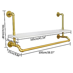 Wall-Mounted Garment Rack ,Modern Simple Clothing Store Heavy Metal Display Stand Garment Bar,Clothes Rail,Bathroom Hanging Towel Rack,Multi-purpose Hanging Rod for Closet Storage (Gold Square Tube W/Shelf ,39.37"L)