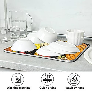 Summer Sunflowers Dish Drying Mat for Kitchen Counter 16x18 In Pumpkins Reversible Cute Sunflowers Tableware Pad Dish Drainer Rack Mats Fast Absorbent Kitchen Accessories for Countertop Sink