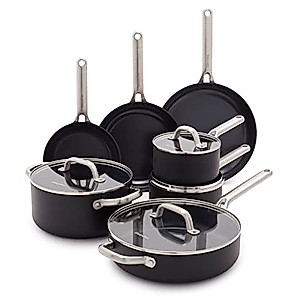 GreenPan Omega Hard Anodized Advanced Healthy Ceramic Nonstick, 11 Piece Cookware Pots and Pans Set with Glass Lids, Anti-Warping Induction Base, Dishwasher Safe, Oven & Broiler Safe, Black