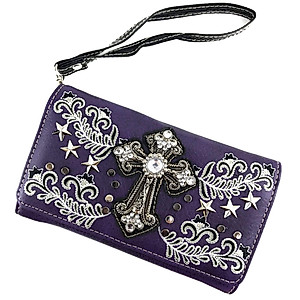 Zelris Western Cross Floral Women Crossbody Wrist Trifold Wallet (Purple)