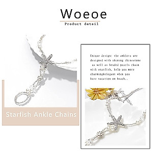 Woeoe Boho Crystal Anklet White Starfish Ankle Chains Beach Pearl Barefoot Sandals Ankle Bracelet Summer Foot Chain Jewelry for Women