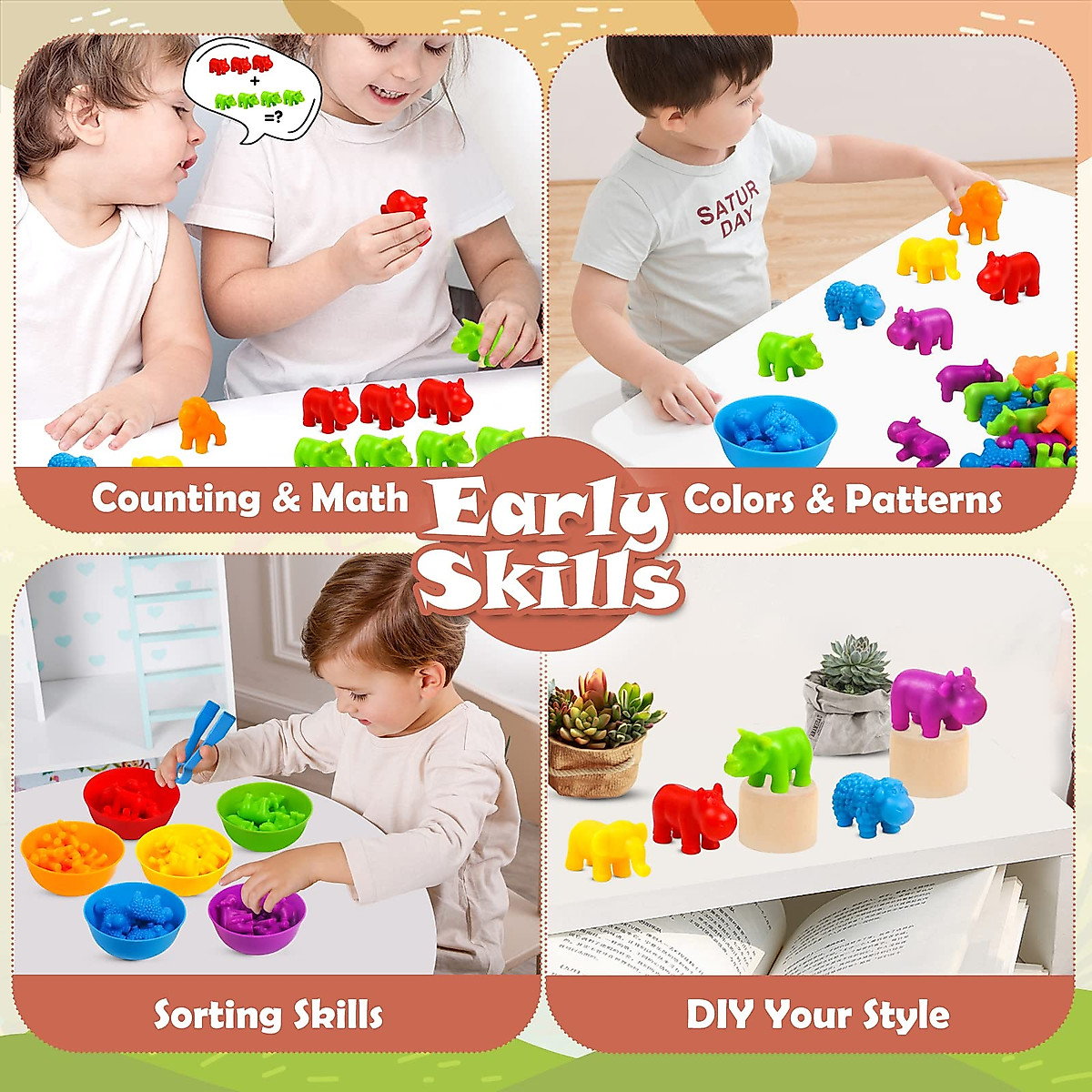 GKDOMS Counting Animals Toys Matching Game with Sorting Bowls Preschool Learning Activities Montessori Sensory Toy for Math Color Sorting, Party Favors Birthday Gifts for Kids Toddlers