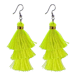 AD Beads Fashion Copper Dangle Tassel 3 Layers Fan Fringe Earrings, Lime Yellow, 3.15 in