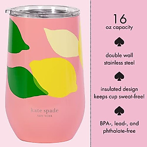 kate spade new york Insulated Stainless Steel Wine Tumbler, 16 Ounce Double Wall Tumbler, Pink Stemless Travel Cup with Lid, Lemon Toss