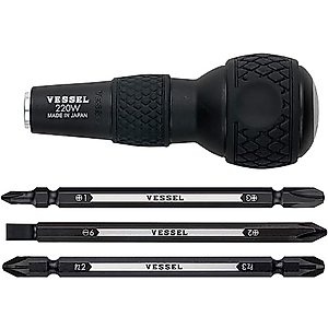 VESSEL Interchangeable Ball Grip Screwdriver Set with 1/4” Hex. Bit | Includes 3 Bits: +1, 3/+2, -6/PZ2, PZ3