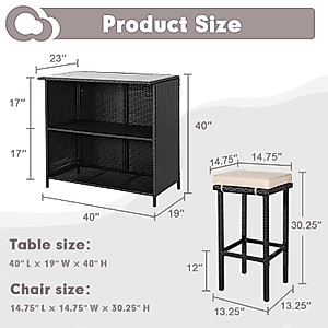 3-Piece Wicker Outdoor Furniture Bar Set, 2 Stools and 1 Glass Top Table, Large-Capacity Storage Space Brown Wicker Patio Bar Table with 9Ft Blue Round Patio Umbrella