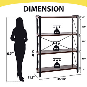 COSYSUPER Bookshelf 4 Tier, Industrial Bookcase, Wood Shelves, Tall Bookshelf, Rustic Standing Bookshelves Metal Frame Display Book Shelf Storage for Living Room,Bedroom,Home Office,Dark Walnut Color