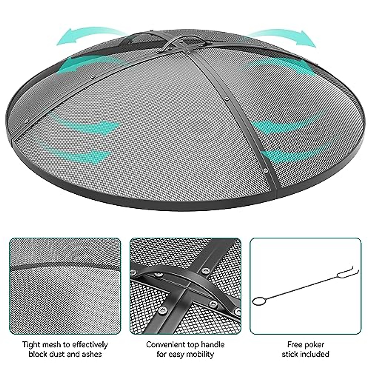 YITAHOME Heavy-Duty Fire Pit Spark Screen with Handle and Poker, Metal Fire Pit Cover for 36-Inch Round Outdoor Fire Pits