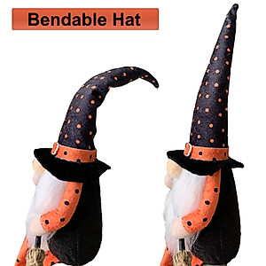 Halloween Witch Gnomes with Broom, Dangle Leg Sitting Fall Autumn Gnomes, Faceless Tomte Halloween Table Tier Tray Decor Sets of 2