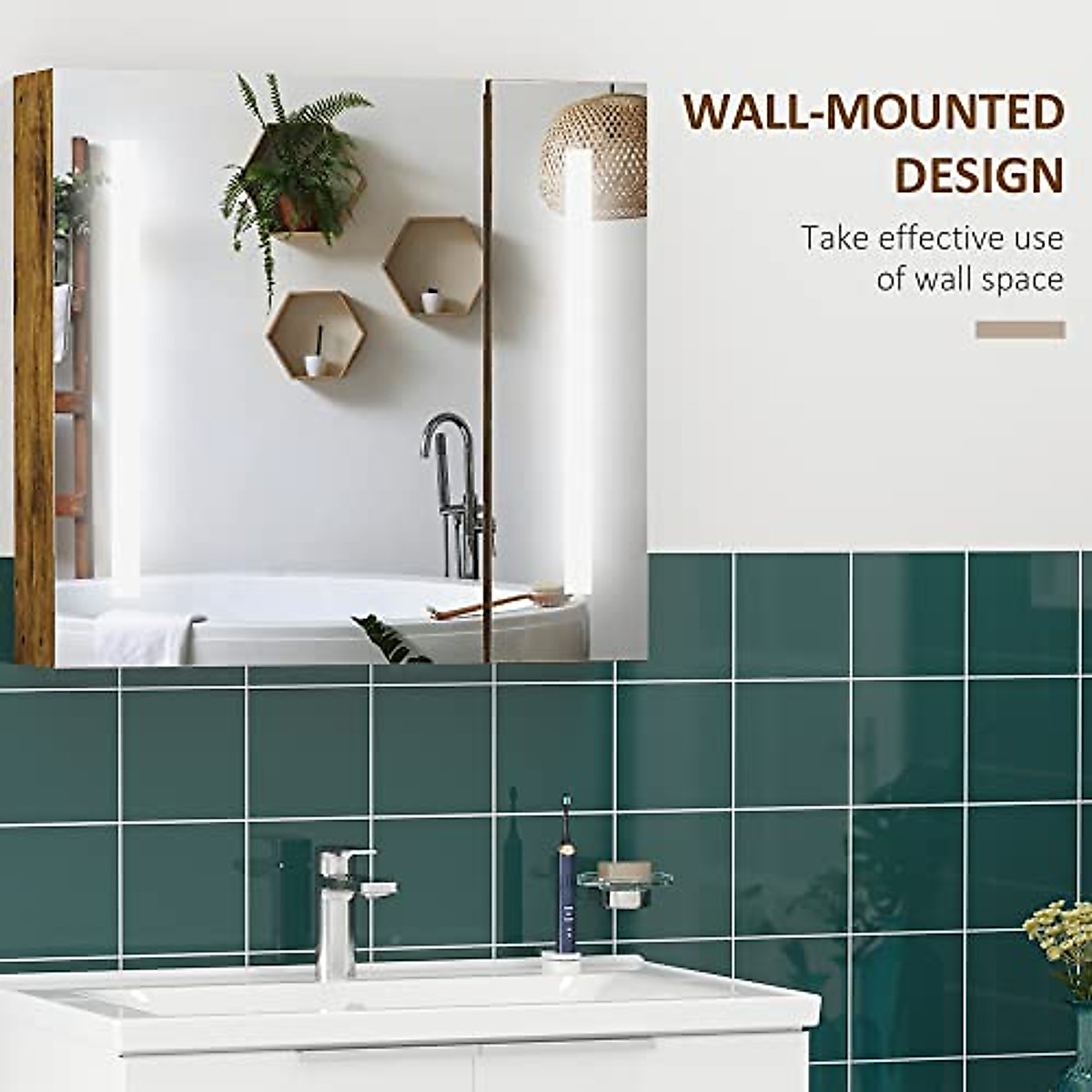 kleankin 27.5 Inch x 25.5 Inch LED Lighted Medicine Cabinet with Mirror, Wall Mounted Dimmable Bathroom Cabinet with 3-Tier Storage Shelves, Smart Touch, and USB Charge, Dark Wood Grain