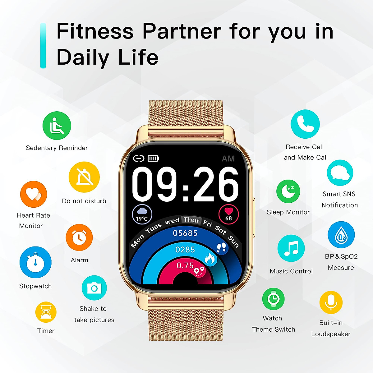 Popglory Smart Watch for Women & Men, 1.85'' Call Receive/Dial Smartwatch, Fitness Tracker with Blood Pressure/SpO2/Heart Rate Monitor, Fitness Watch with 2 Straps 3 Cables for iOS & Android Phones