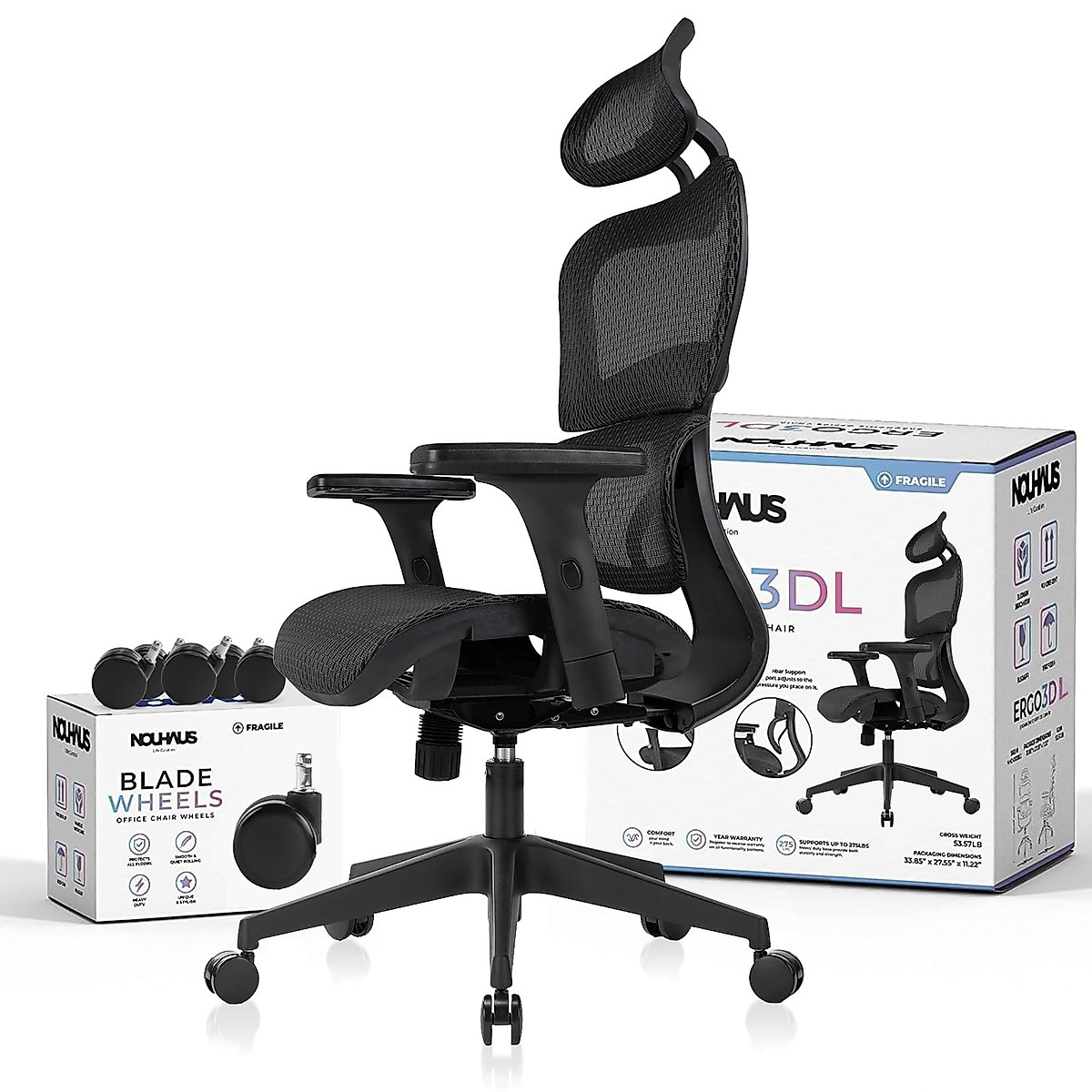 Nouhaus Ergo3dL Home Office Desk Chairs Ergonomic Office Chair High-Back Mesh Rolling Work Chairs with Wheels and Adjustable Headrests Comfortable Lumbar Support Adjustable Armrests