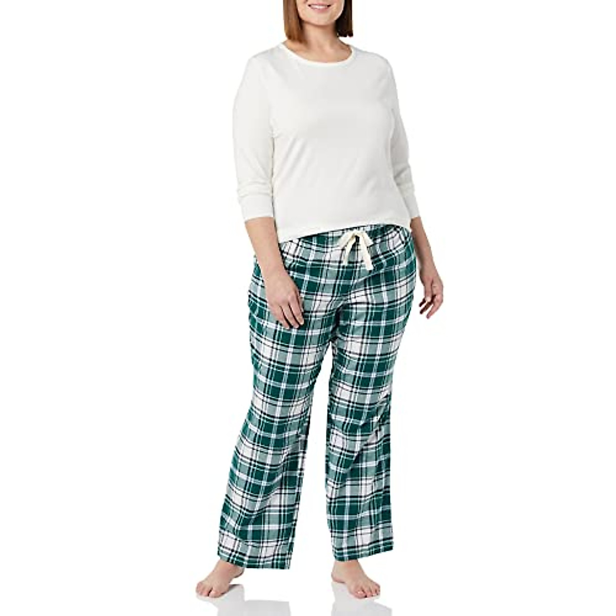 Amazon Essentials Women's Lightweight Flannel Pant and Long-Sleeve T-Shirt Sleep Set, Green/White/Clay, Plaid, Medium