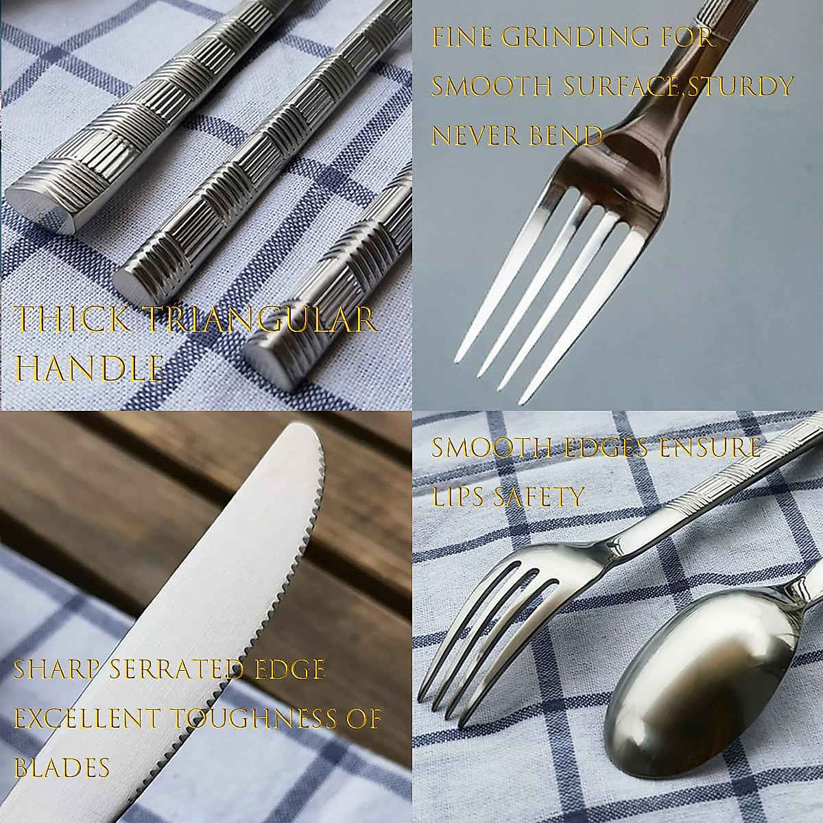 Thomaso 12-piece Hammered Silverware Set,Creative Triangle Handle Titanium Plating Stainless Steel Flatware Service for 4, Silver Spoons and Forks Set,Unique Triangle Cutlery Set, Dishwasher Safe