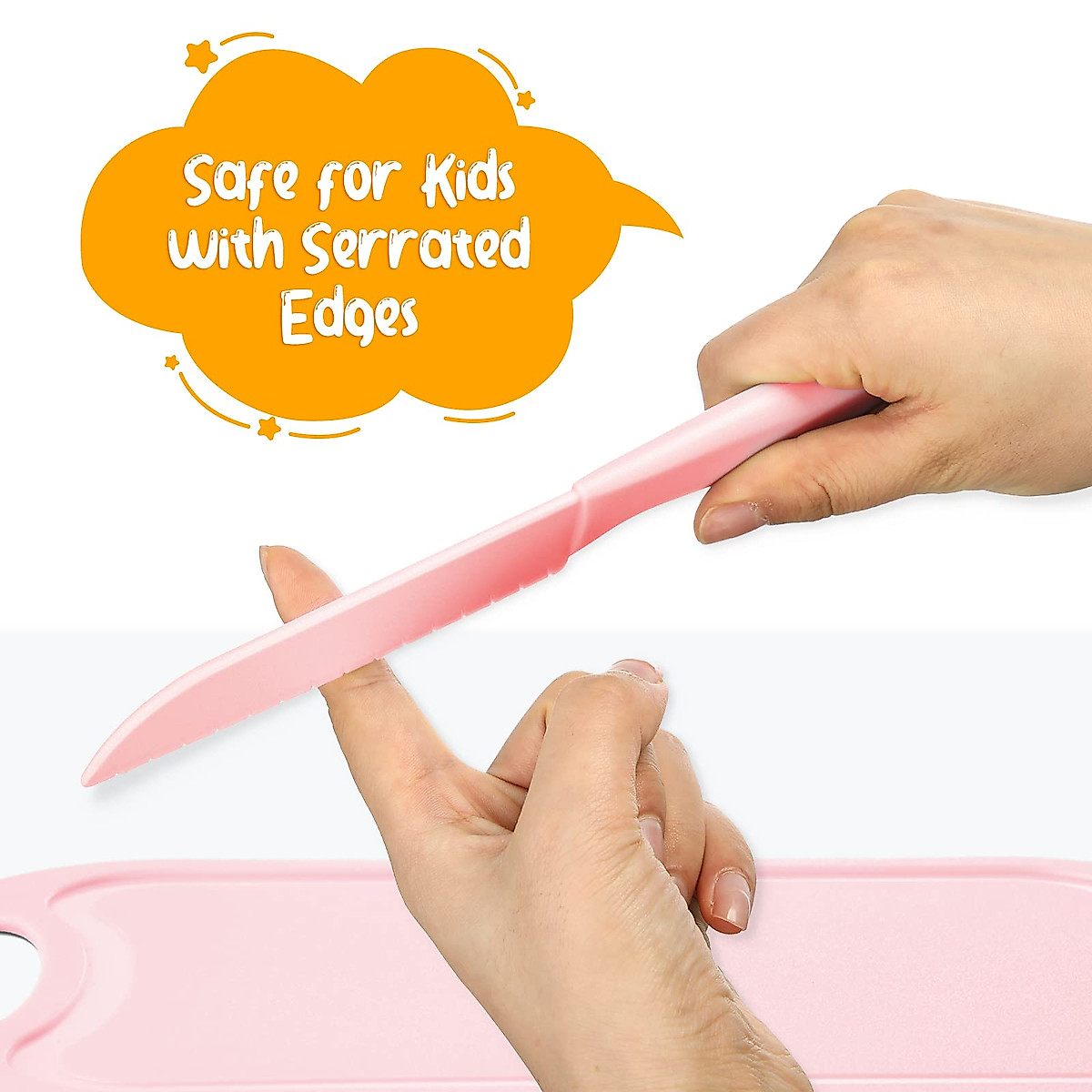 Hartya Kid-Safe Cooking Knife Set for Real Cooking with Cutting Board, Plastic Knives, Plate & Fork, BPA-Free Kids Knives/Toddler Knives (A Pink)