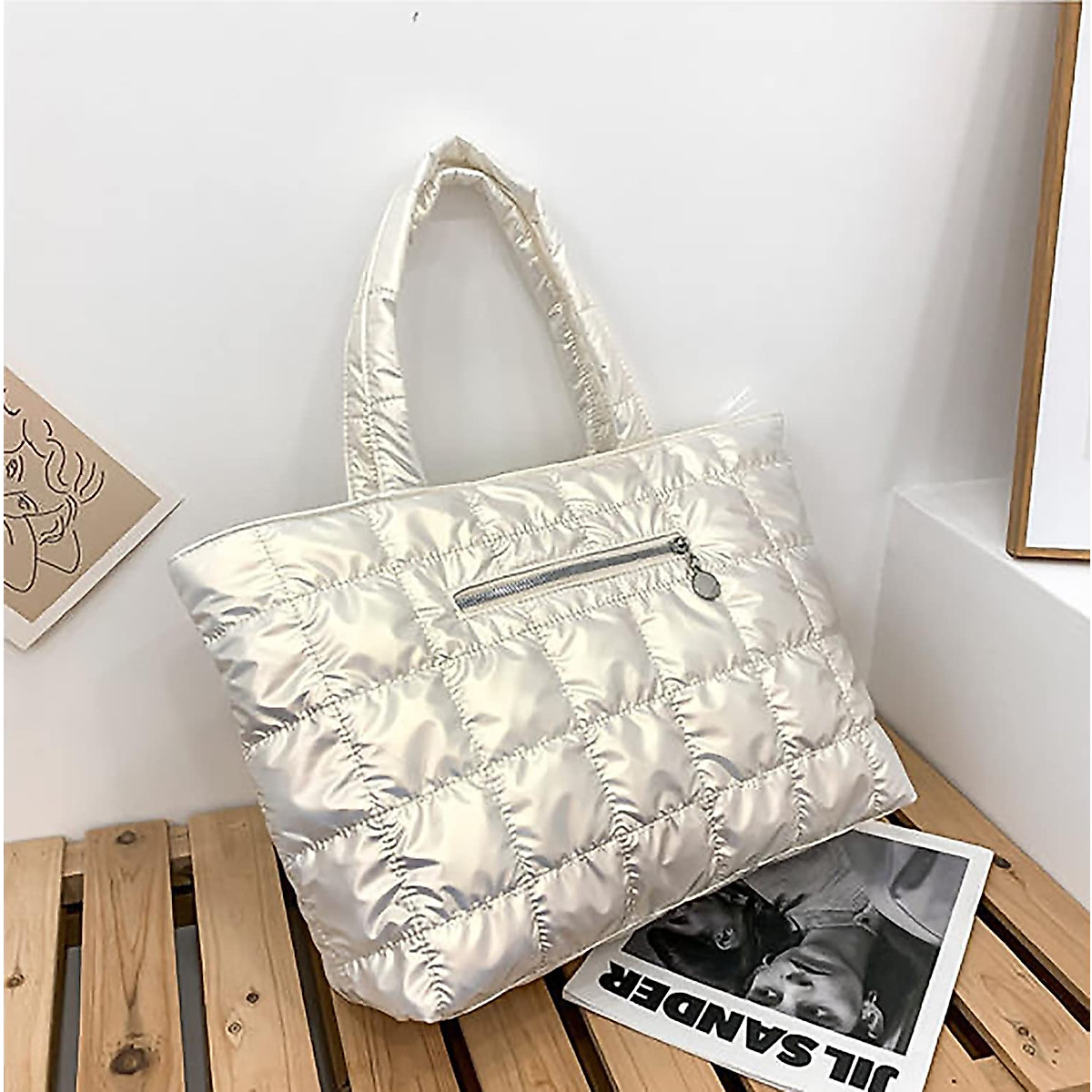 Qvenou Large Puffer Tote Bag for Women Lightweight Quilted Handbag Down Cotton Padded Shoulder Bag Large Capacity Down Padding Tote Bag-Off-white
