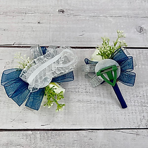 Ansuma Ivory Rose Flower Wrist Corsage Boutonniere Set Bridesmaid Wrist Corsage Bracelet & Groom and Best Man Boutonniere for Wedding Flowers Accessories Prom Suit Decorations (Navy Blue)