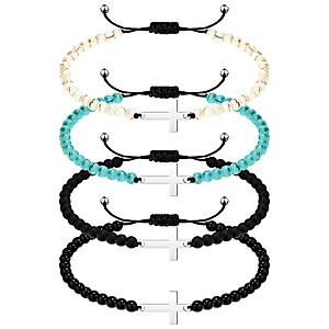 Fumete 16 Pcs Cross Bracelet, Cross Beads Bracelet for Women Men, Cross Yoga Healing Anxiety Bracelets with 4mm Natural Stone Beaded Adjustable Cross Bracelet for Couple Friendship