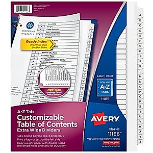 Avery Extra-Wide 26 Tab Dividers for 3 Ring Binders, Customizable Table of Contents, Multicolor Tabs, 1 Set (11166)