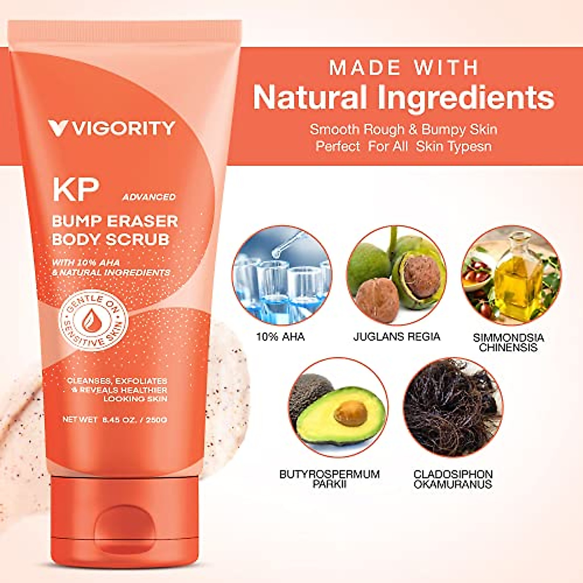 KP Bump Eraser Body Scrub, Body Exfoliating Scrub, Keratosis Pilaris Treatment, Strawberry Legs Treatment, Exfoliating Body Wash, Strawberry Skin Treatment, Scrubs for Women & Men Exfoliation - 8.45OZ