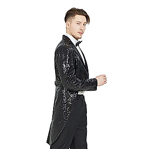 MAGE MALE Mens Sequin Tuxedo Jacket Tails Slim Fit Tailcoat Dress Coat Swallowtail Dinner Party Wedding Blazer Suit Jacket Black