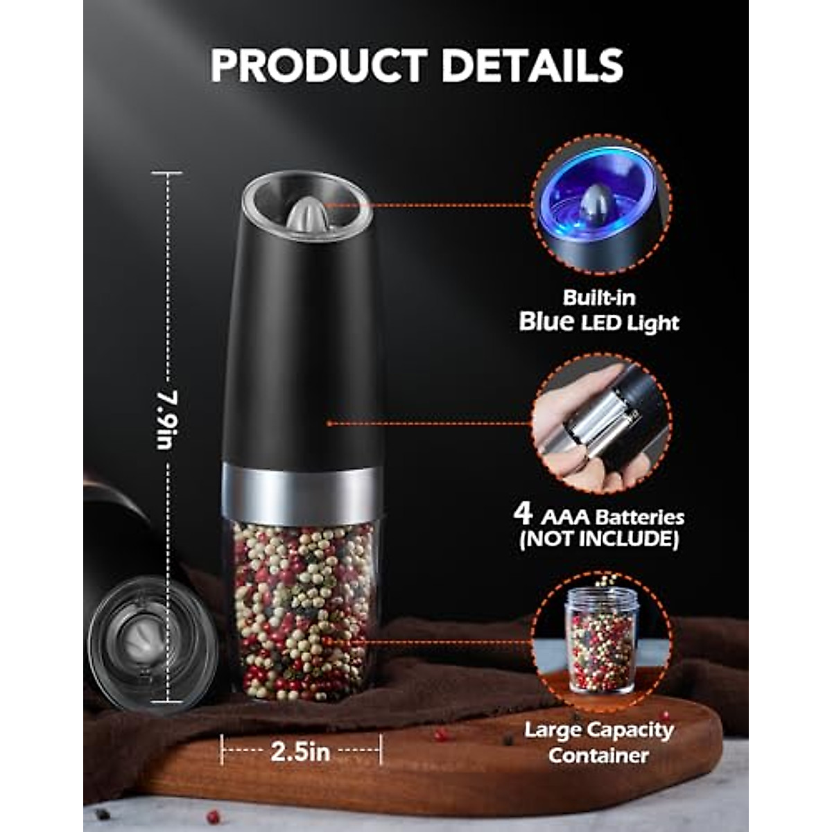 FORLIM Gravity Electric Salt and Pepper Grinder Set, Automatic Pepper Grinder Shakers Mill, Upgraded Batteries Powered Adjustable Coarseness with LED, One Hand Operation Perfect for Kitchen