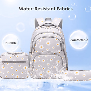 Armbq Daisy Kids Backpack for Girls, Multi Pocket School Bags with Lunch Box for Elementary, Teen Girls Bookbag Set