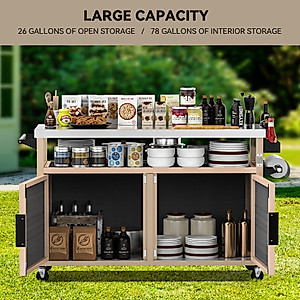 Skyflame Outdoor BBQ Storage Cabinet with Wheels, XL Stainless Steel Tabletop Grill Cart for Food Prep, Portable Kitchen Island Grilling Accessory for Patio, Backyard, Home Party, Bar