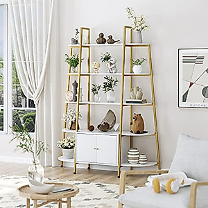 finetones Triple Wide 5-Tier Bookcase with Cabinet, White Bookshelf with Gold Metal Frame, Industrial Style Free Standing Bookshelf, Adjustable Feet, Large Open Display Shelves for Home & Office