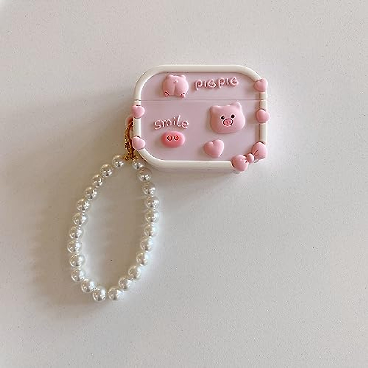 QIXIU for AirPods Pro Case Cover with Pearl Bracelet,Full Protective Silicone Skin Accessories for Women Girl,Kawaii Cute Piglet Wireless Charging Headset Accessories,Pink
