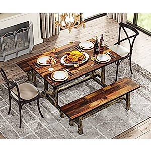 Tribesigns 47 Inch Dining Table Set for 4, 3-Piece Kitchen Table Set with 2 Benches, Industrial Dining Room Table with Metal Frame, Space-Saving Dinette for Dining Room Small Spaces, Brown