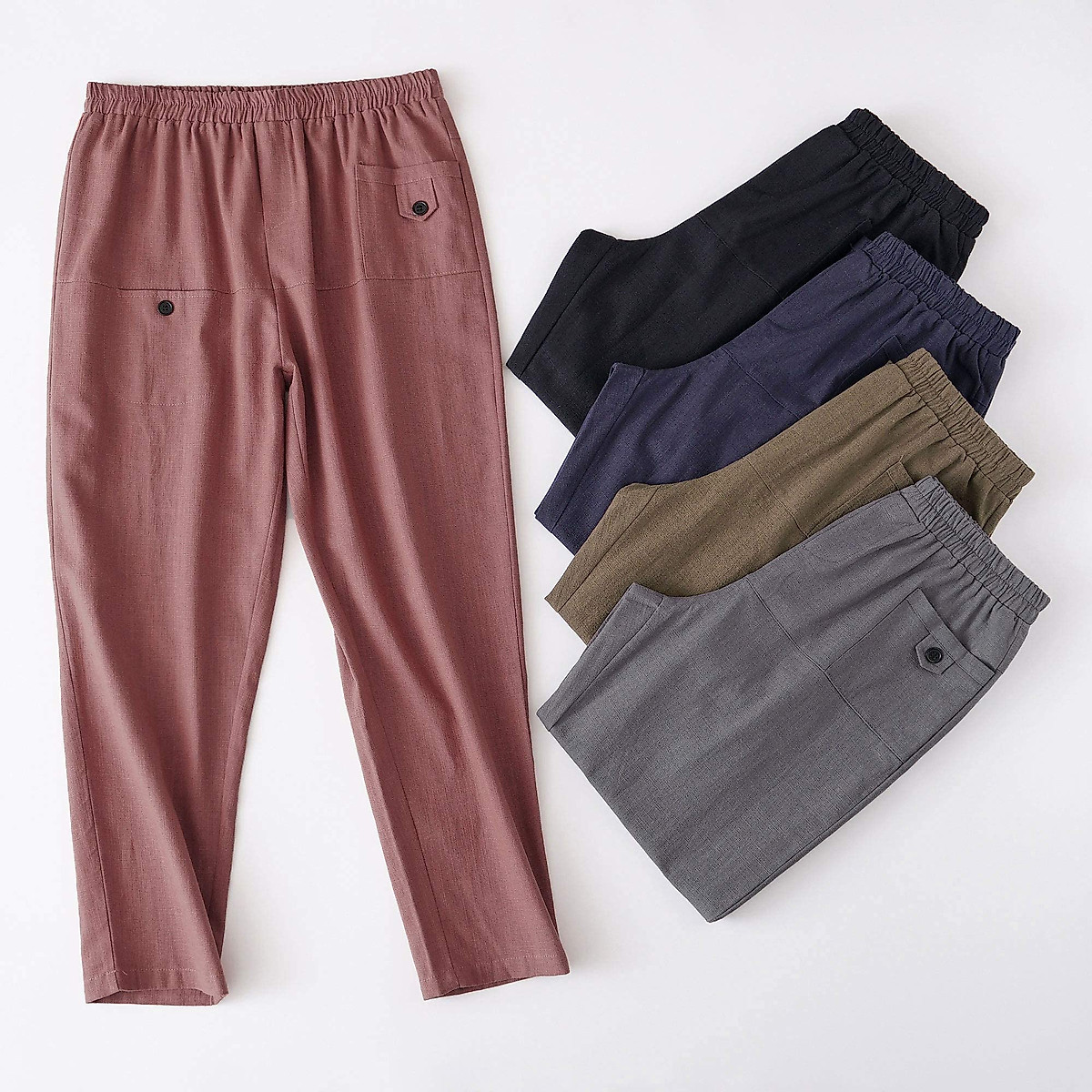 Minibee Women's Elastic Waist Casual Crop Linen Pull On Pants Wine 2XL