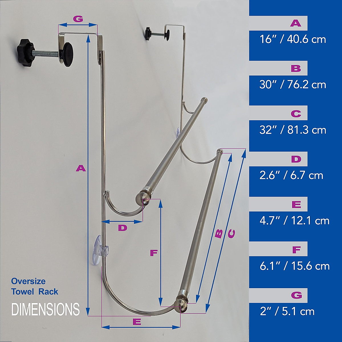 Insieme Extra Wide Over The Door Towel Rack for Bathroom, Two Tier Towel Hanger for 36 inch Door or 32.5 inch Plus Glass Shower Wall or Shower Door (Frameless or Frame to 2") Stylish, Stainless Steel