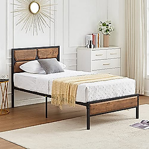 VECELO Twin Bed Frame Heavy Duty Metal Platform with Wooden Headboard Footboard Mattress Foundation 12 Strong Steel Slats Support Under Bed Storage/Easy Assemble