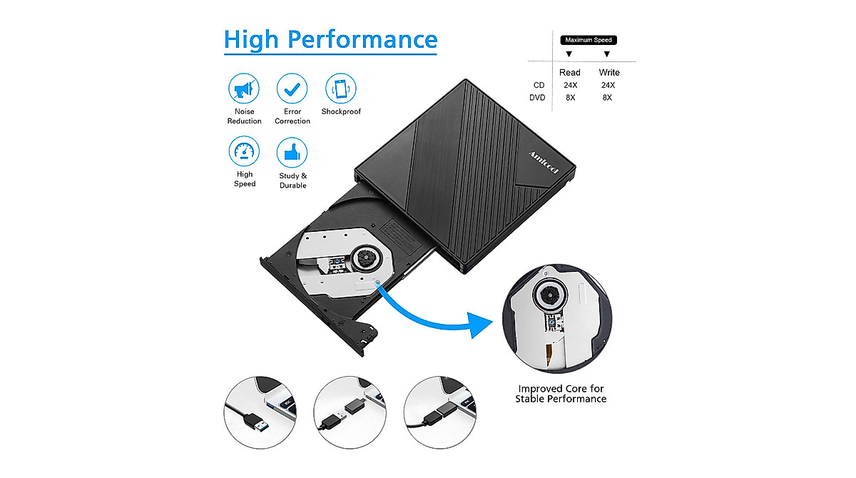 Amicool External DVD Drive USB 3.0 & C - Portable CD Burner