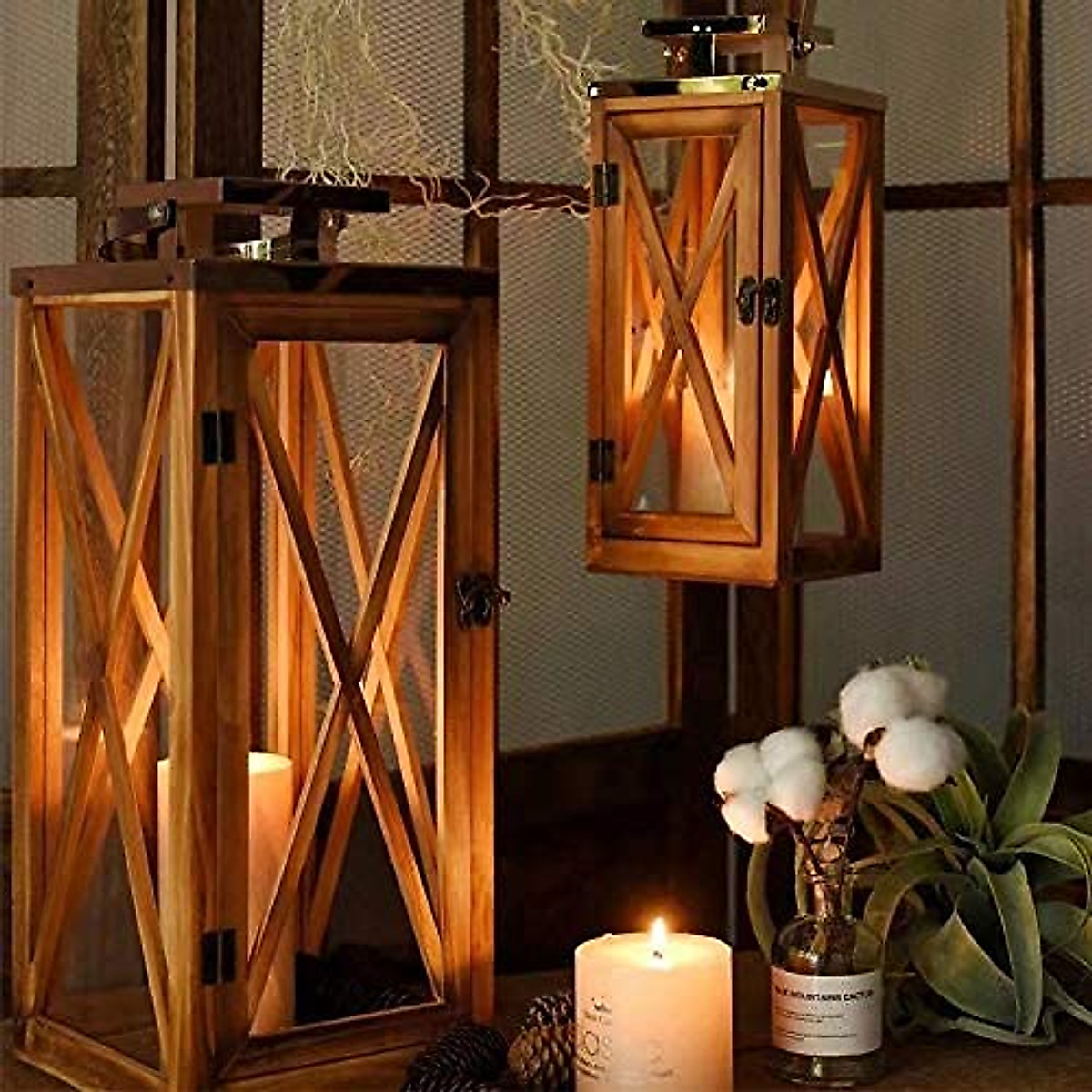 XRKITE Wooden Candle Lantern Decorative Set of 2, Patio Decor with Stainless Top and Glass Inserts, Hurricane Lantern Holder Decor for Indoor Outdoor, Home, Garden, Wedding (Small-Large Set)