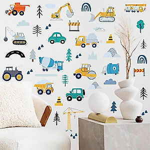 Construction Vehicles Wall Stickers - 6 Sheets 90 Pcs Construction Themed Trucks Excavator Crane Bohemian Style Wall Decals Peel and Stick Wall Decors for Kids Baby Bedroom Boys Room Nursery Playroom