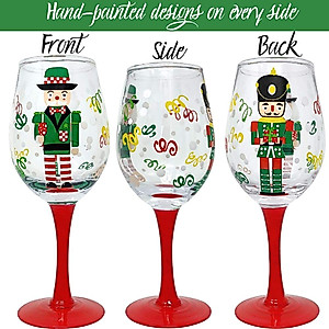 BANBERRY DESIGNS Nutcracker Christmas Wine Glasses - Set of 2 Holiday Toy Soldier Design - Red and Green Festive Xmas Glassware Painted with Stem 14 oz