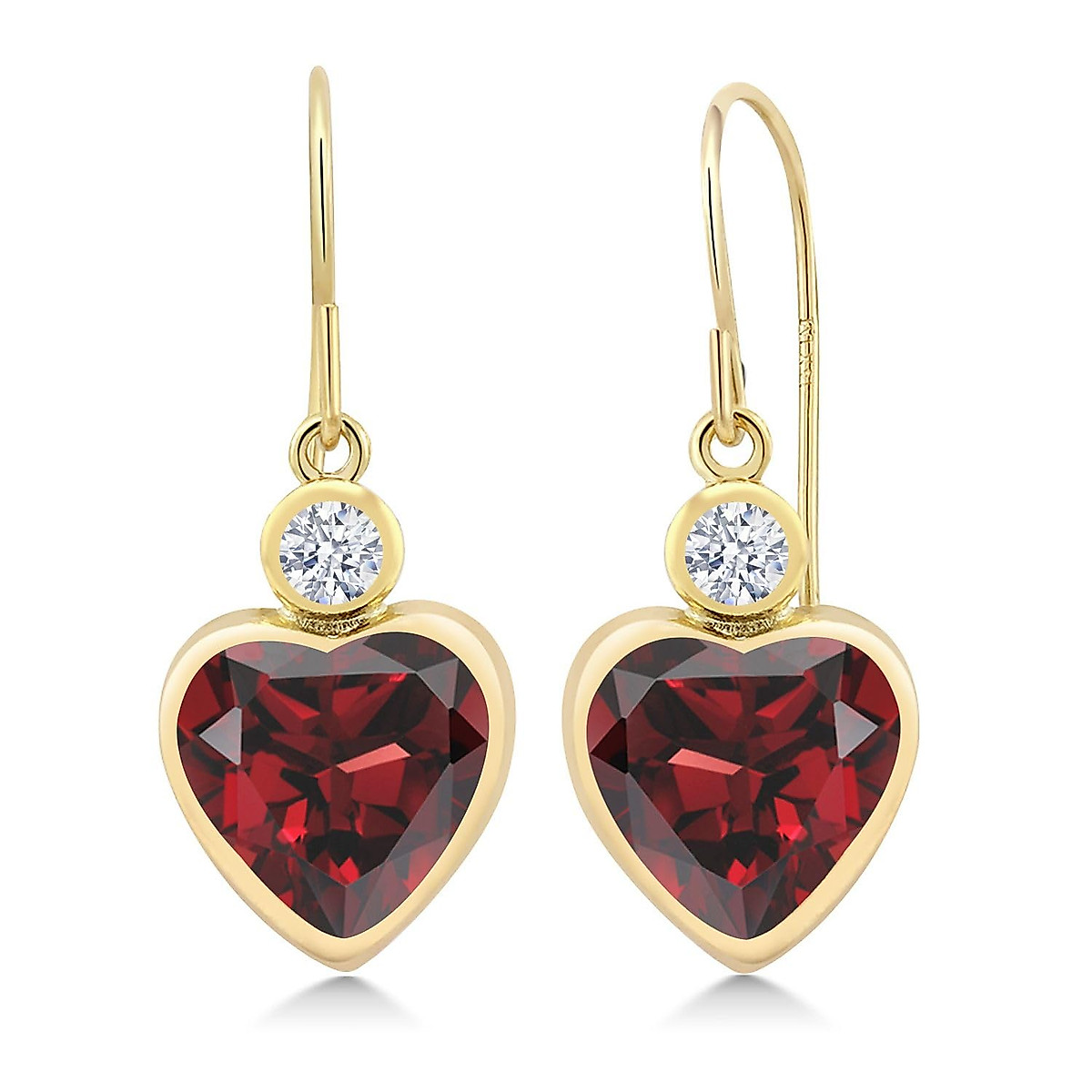 Gem Stone King 14K Yellow Gold Red Garnet and White Zirconia Earrings For Women (4.22 Cttw, Gemstone January Birthstone, Heart Shape 8MM and, Round 3MM)